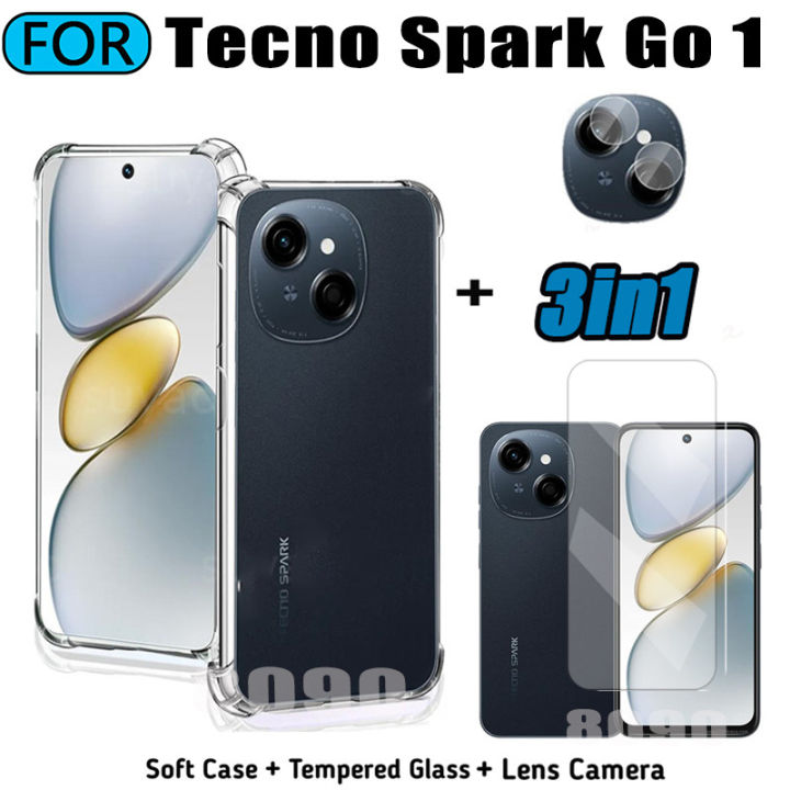 3in1 Tecno Spark Go 1 Transparent Soft Phone Case Spark Go 2025 2024 Tempered Glass + Back ...