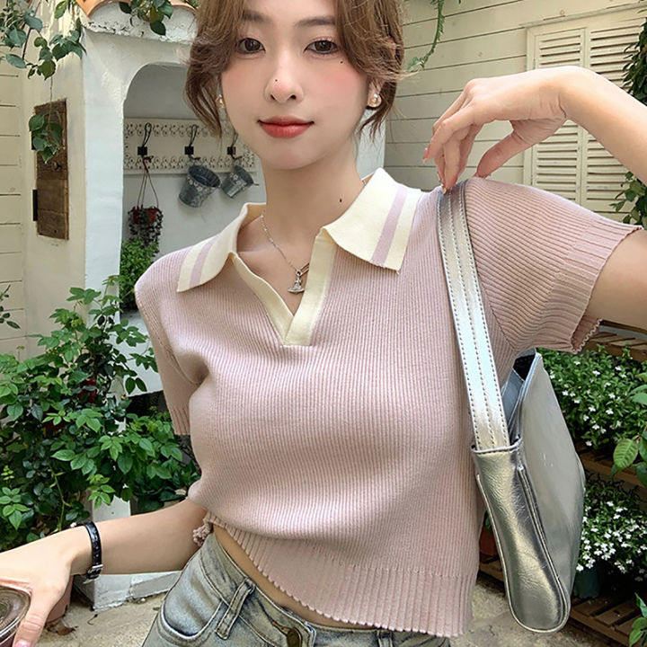 Summer Preppy Style Women Contrast Color Lapel Short Sleeve Knitted T ...