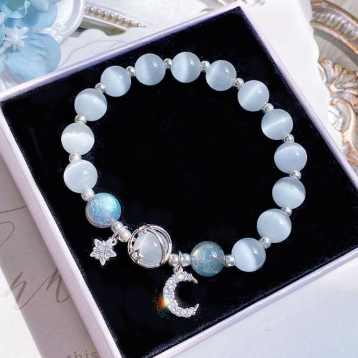 Gift Opal Stone Bracelet Bangle Blue Bead Elastic Rope Crystal Diamond ...