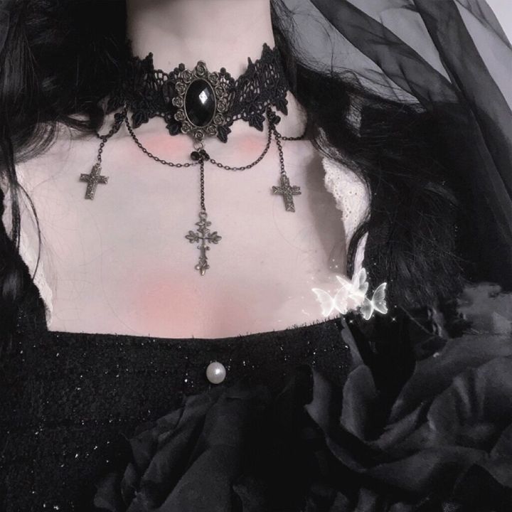 Gothic Style Dark Lolita Lace Cross Punk Disco Jumping Choker Neckband ...