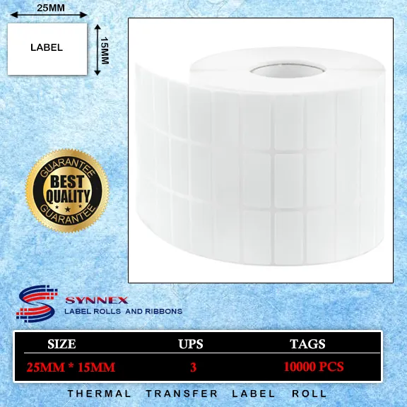 25MM X 15MM -Thermal Transfer Barcode Label Roll, 1 Core, 3 Ups, 10000 ...