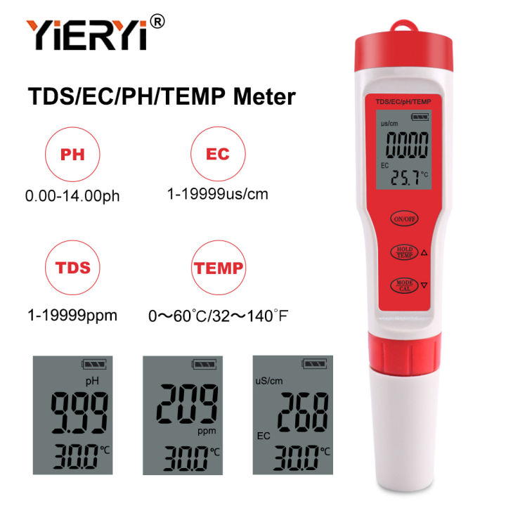 YIERYI Portable 4 in 1 Digital PH TDS EC Meter Temperature tester Water ...
