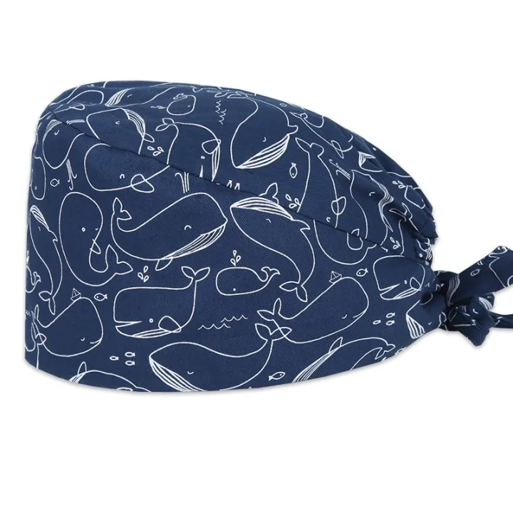 Whale Navy Pttern Scrub Caps Dust Proof Cap Nursing Work Hats 100% ...