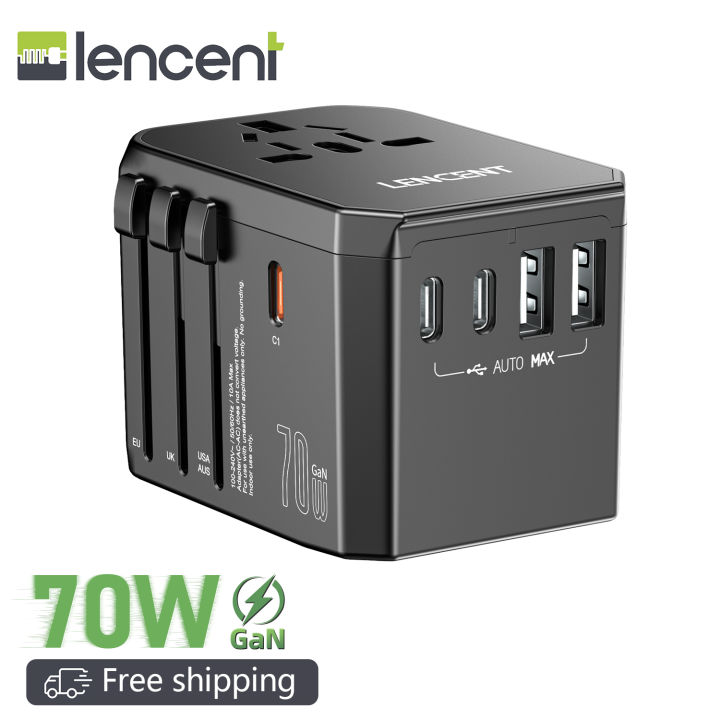 LENCENT 70W Universal Travel Adapter, GaN International Fast Charger ...