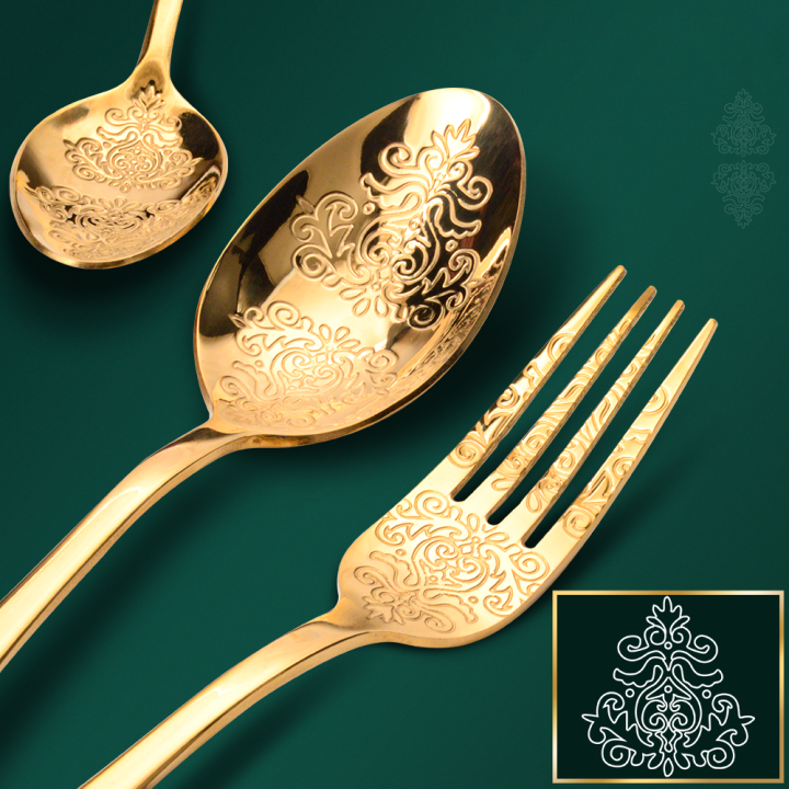 Gold Luxury Cutlery Sets Fork Spoons Silverware Kit Vintage Carved ...