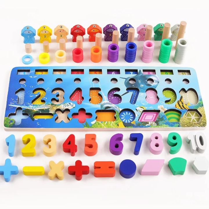 Children's Wooden Learning Counting Montessori Pairing Numbers Shapes ...