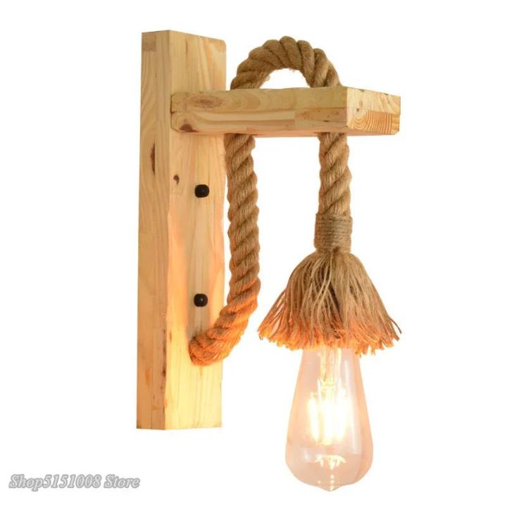 Vintage Hemp Rope Wall Lamp with Plug Wood Wall Lamp E27 Indoor simple ...