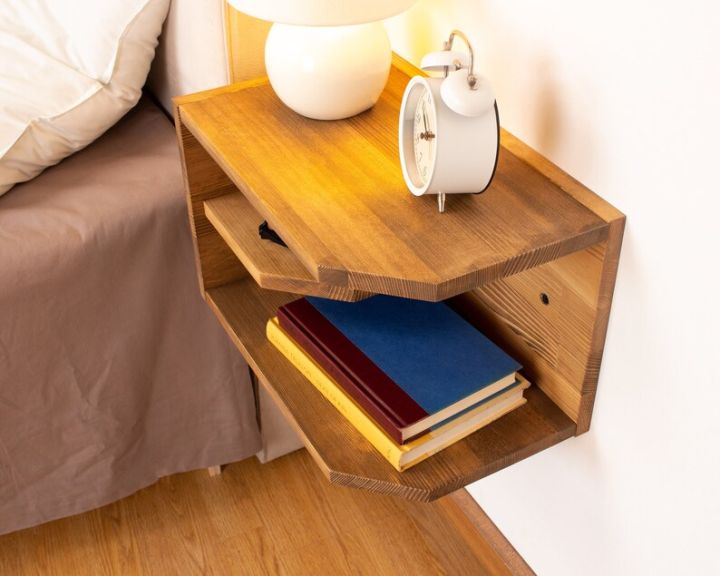 Functional Floating Nightstand, Angular Design Wood Bedside Table with ...