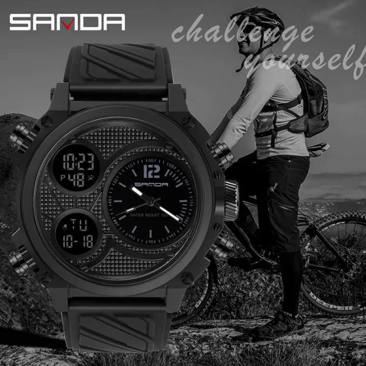 SANDA Three Time Display Quartz Watch for Men LED Sport Digital Watches ...
