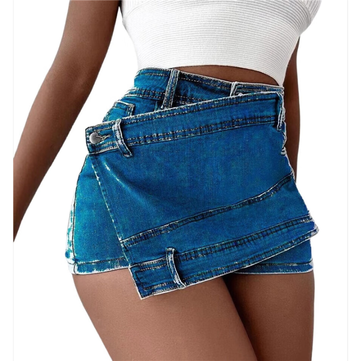 Women Jean Denim Skort - High Waisted Asymmetrical Short Mini Short ...