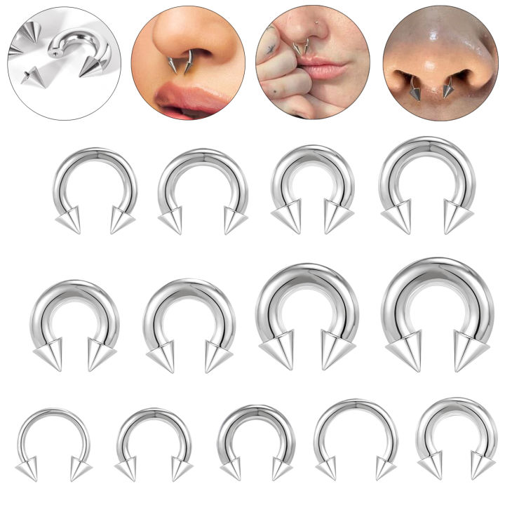 ZS 1PC 2/4/6/8G Spike Horseshoe Nose Ring Stainelss Steel Cone Large ...