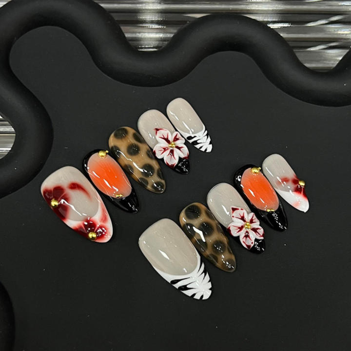 Wearable Almond Manicure 3d False Nails Glossy Almond Leopard Nail Pads ...
