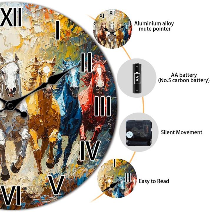 Innovation Running horses painting Quartz Analog Wooden Silent Wall ...
