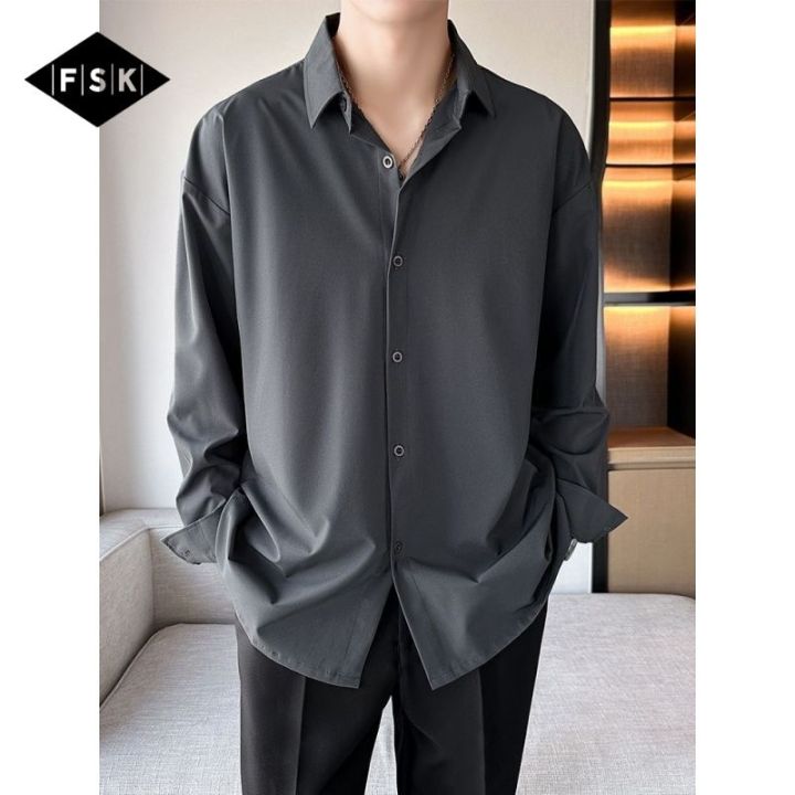 FSK Non-Ironing Ice Silk Black Shirt Men's Long Sleeve Spring/Summer ...