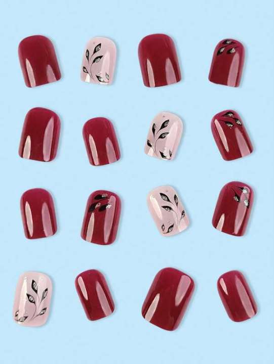 NEW 24pcs Short Square Cherry Red Shiny Leaf Reflection Design Wrap Set ...