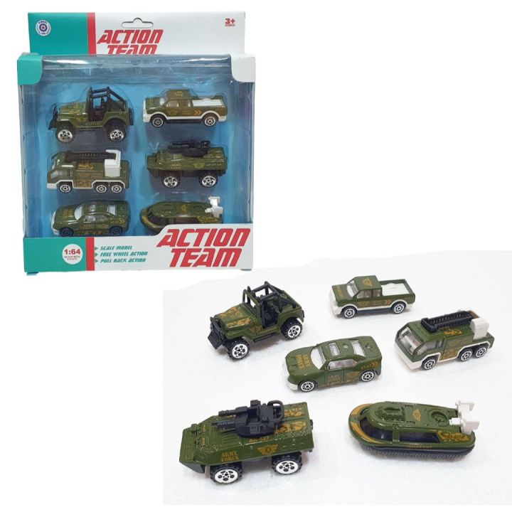 6 Pcs Action Team Die Cast Army Vehicles Set - 1:64 Scale Free Wheel ...
