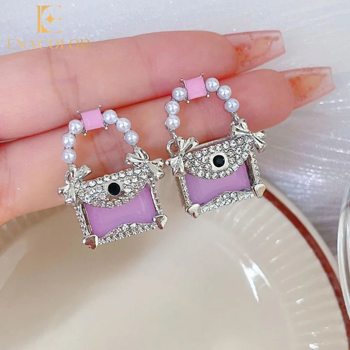 Enacolor Full Crystal Jelly Colored Square Bow Bag Shape Earrings ...