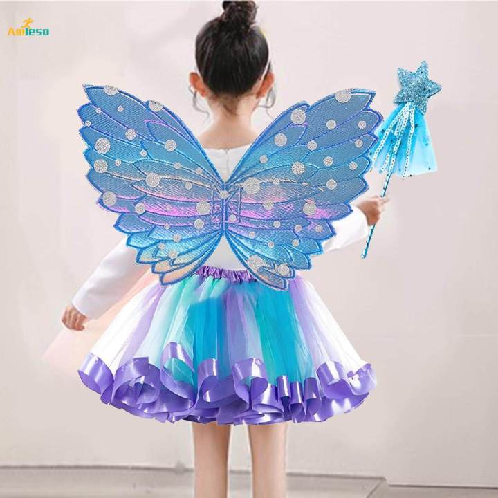 Girls Fairy Costume Set Butterfly Fairy Wing Kids Princess Cosplay Star ...