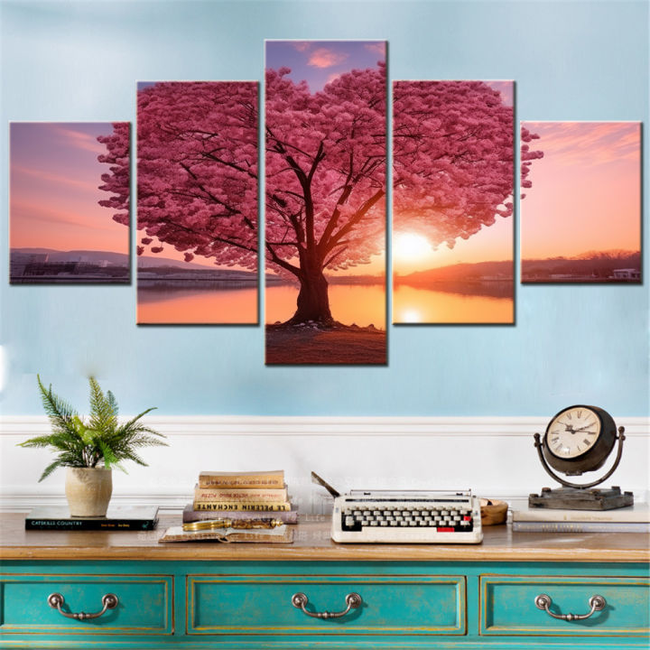 5 Panel Wall Art Canvas Set Red Heart Shaped Tree Sunset Picture ...
