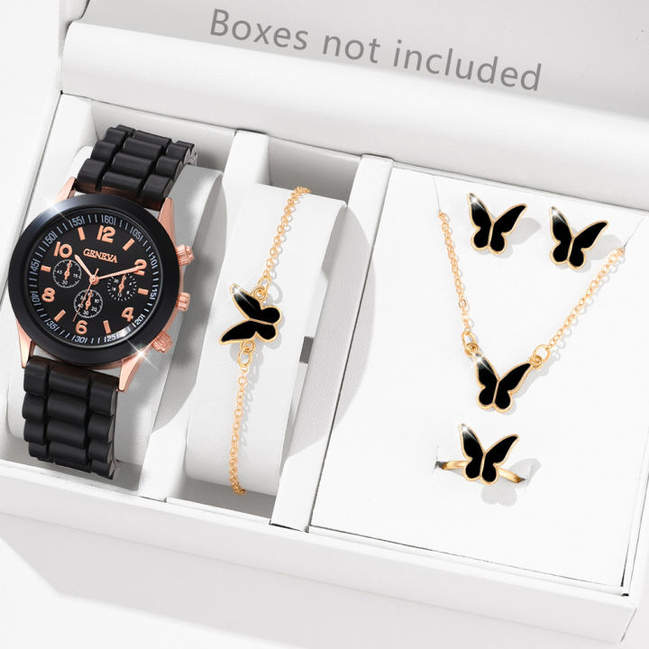 6PCS/Set Black Women Watch Three Eye Element Dial Quartz Wristwatch ...