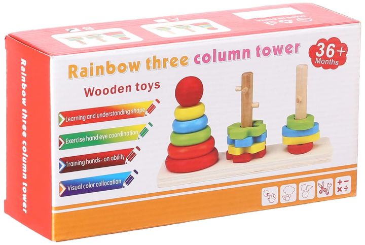 Wooden Rainbow Column Tower Stacking Rings Toy Classic Stacker Wooden ...