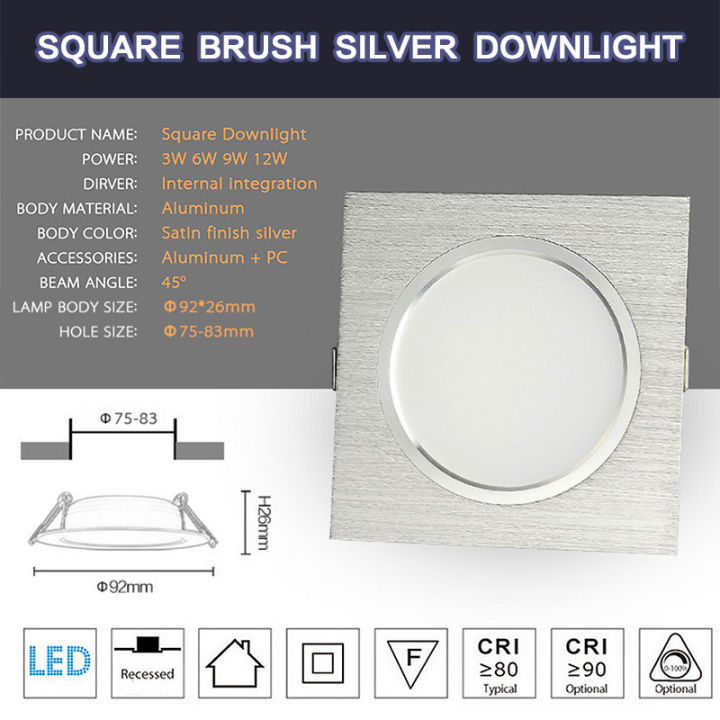 Led Downlights Square Brush Silver 3w 6w 9w 12w Ac220v 230v Led Ceiling ...