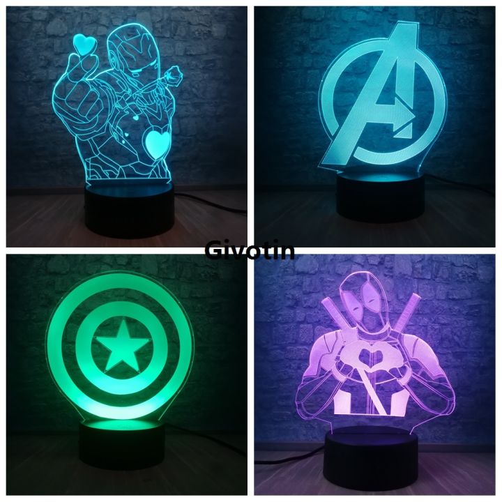 Cool Marvel The Avengers Iron man Deadpool Captain Shield 3D LED Night ...