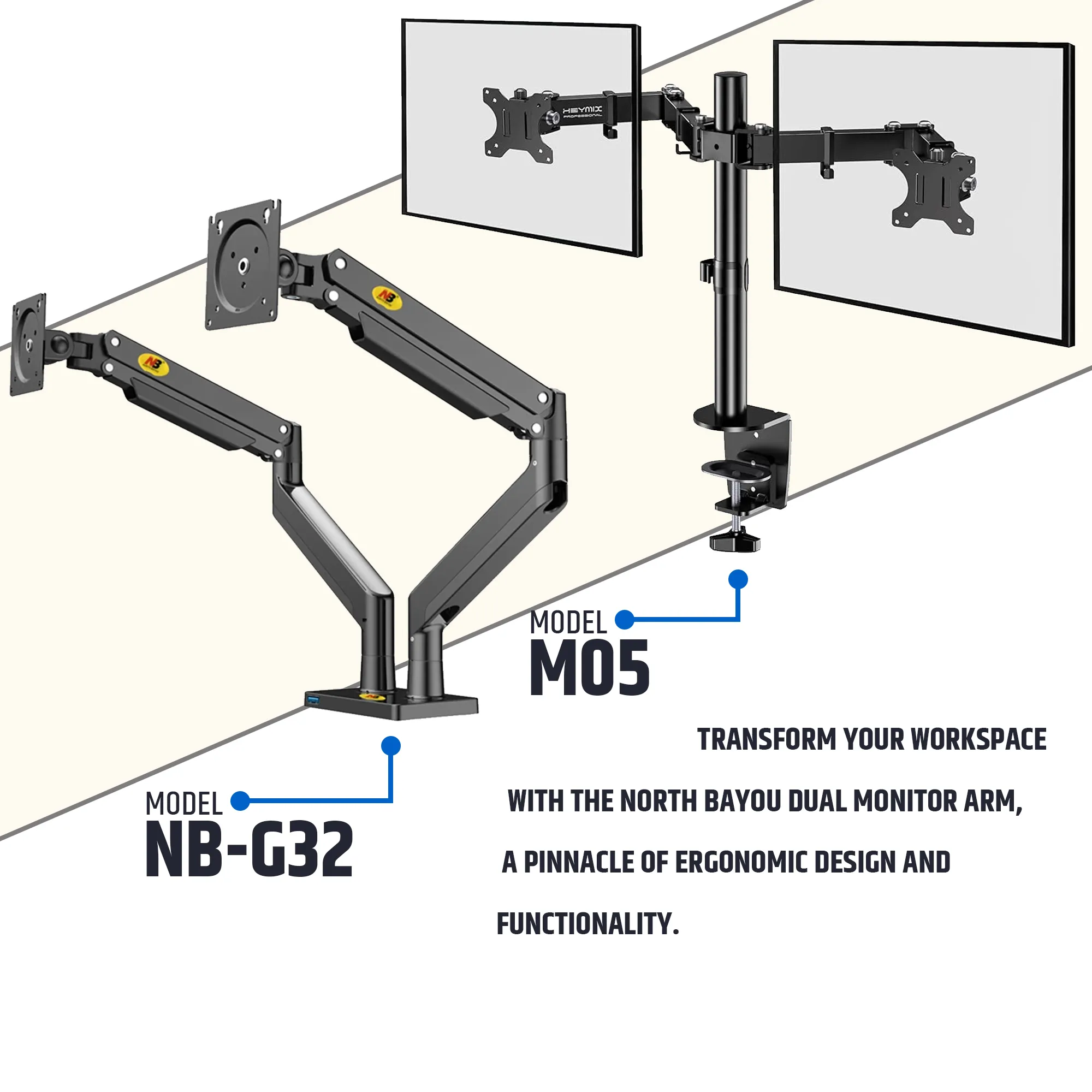 NB F160 Dual Monitor Arm Gas Spring 360 Degree Desktop 17"-30 ...