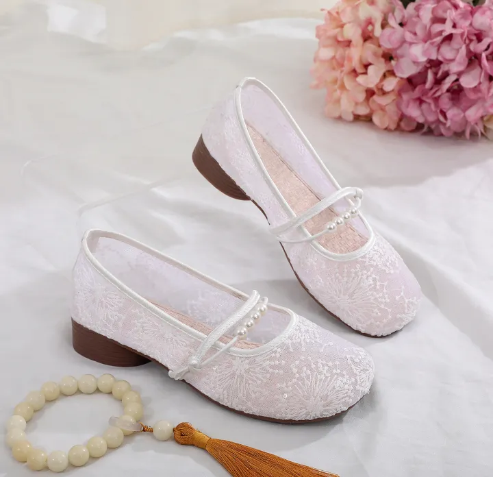 【Pesty】Qingwan summer green flower embroidered mesh ballet style flat ...