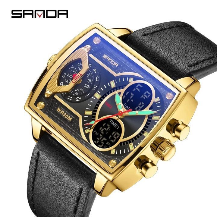 SANDA brand fashion business 3 time zone LED lights digital quartz men ...