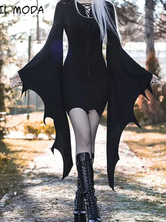 New Retro Gothic High Waist Black Dress Vintage Aesthetic Bat Sleeve ...