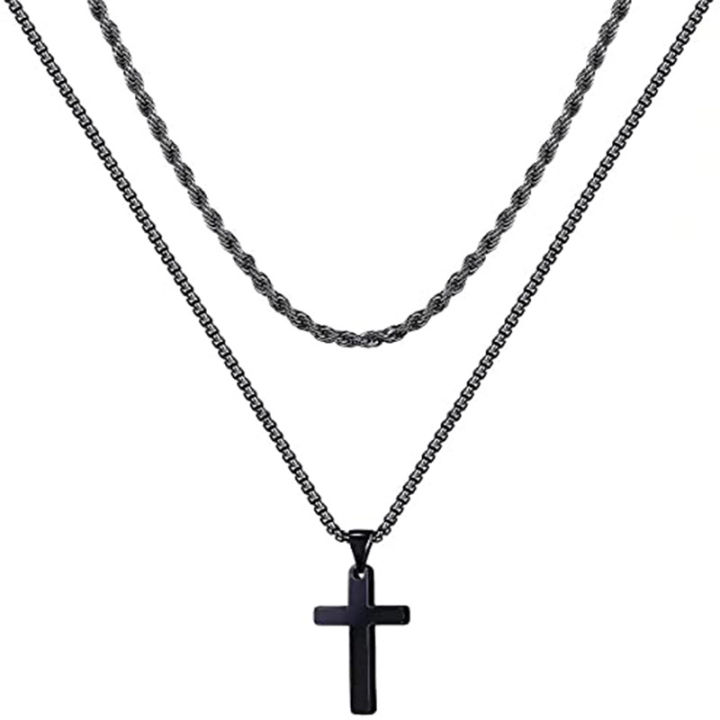 【IKE】Layered Cross Necklace for Men Boys Stainless Steel Layered Wheat ...