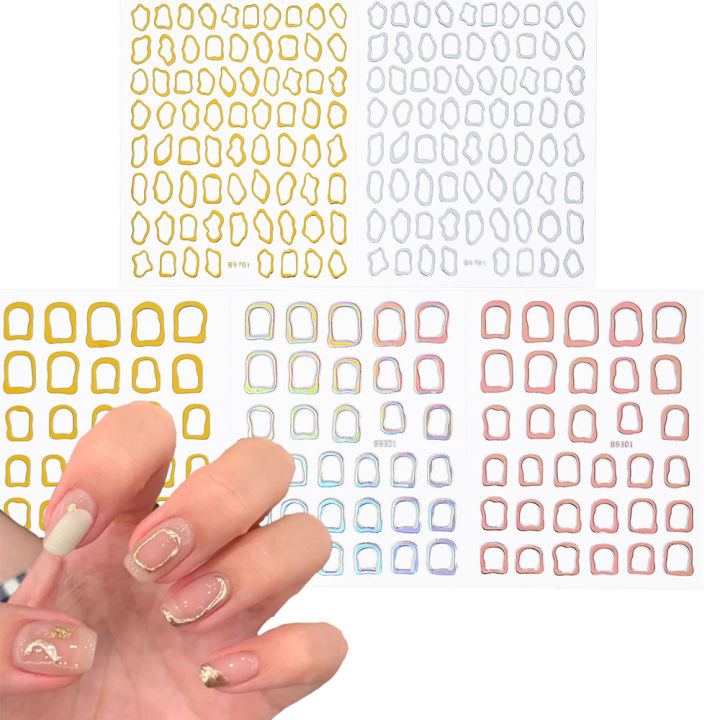 Gold Silver Irregular Geometric Figures Nail Art Stickers Hollow Metal ...