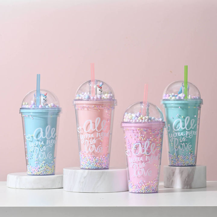 450ml Kawaii Cute Unicorn Tumbler with Straw PP Plastic Double Wall ...