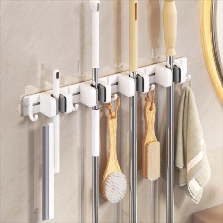 Adjustable Sliding Track Broom Holder Self Adhesive Wall Mounted Mop ...