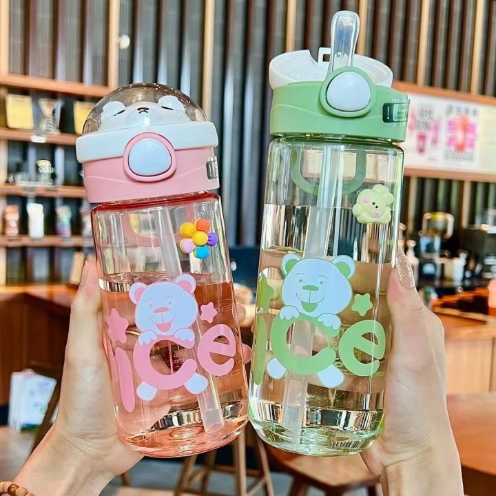 550/650ml Cute Water Bottle for Girls with Lid Straw Sticker Plastic ...