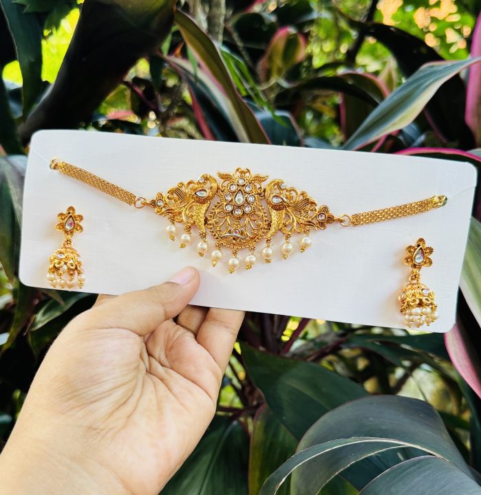 Gold color Nakshatra Mini Choker Necklace Peacock Design with white ...