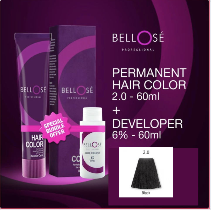 Bellose Permanent Hair Color 1.0 Black 60ml + Developer 6% 20 Volume ...