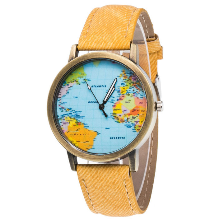 Retro Unisex World Map Denim Fabric Strap Round Dial Analog Quartz ...