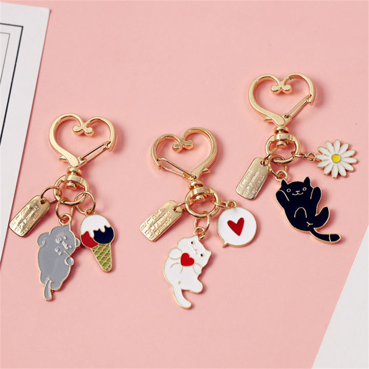 Cute Love Heart Kitten Keychain Cartoon Black White Cat Key Ring for ...