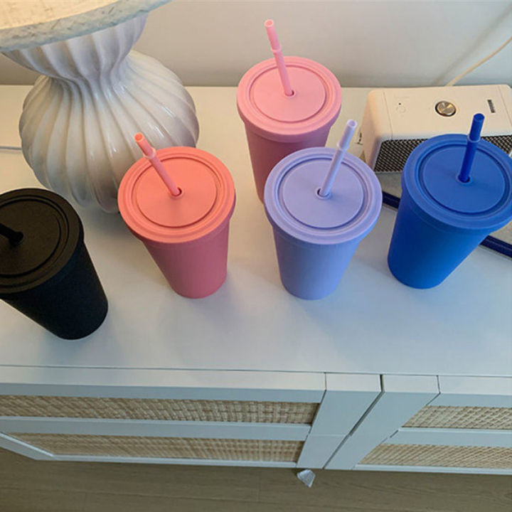 Carry Easy Cup Plastic Double Layer Candy Color Straw Coffee Cup ...