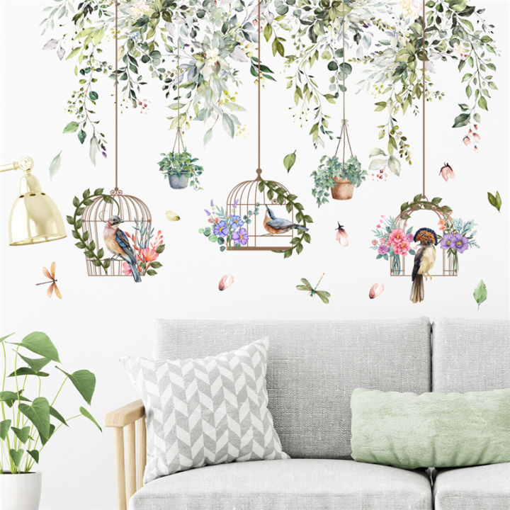 Green Leaves Bird Cage Wall Stickers for Living room Bedroom Decoration ...