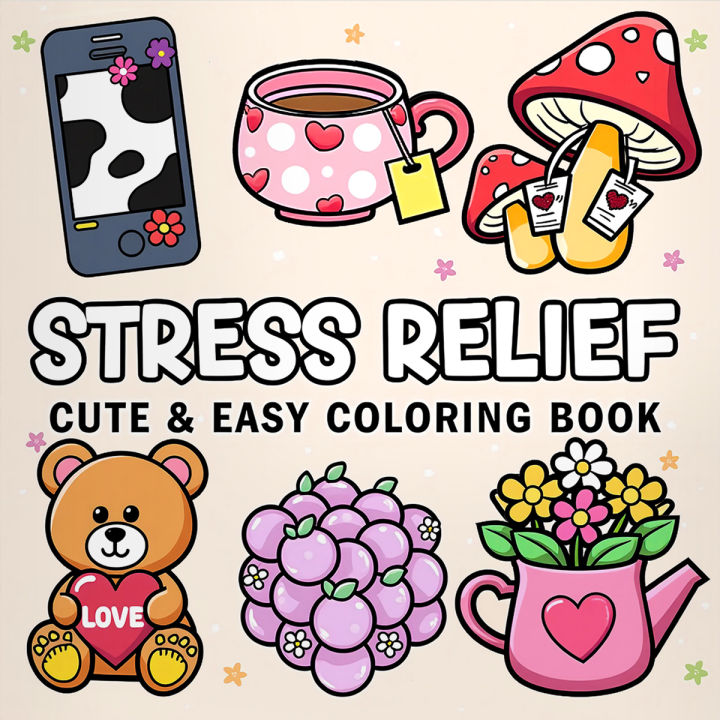 Stress Relief Cute & Easy Coloring Book for Adults and Teens - 24 Pages ...