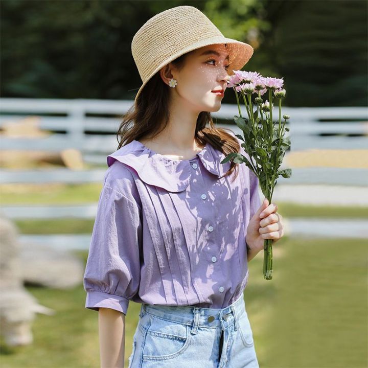 Cotton Sweet Taro Purple Short-Sleeved Shirt Women's Loose Summer New ...