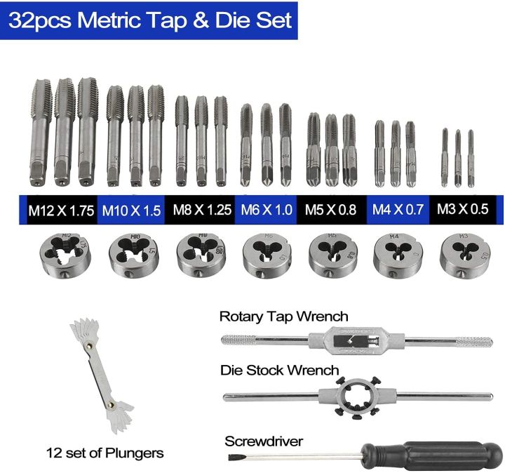 32pcs Fine Taps and Dies Set M3-M12 Screw Thread & Die Hand | Daraz.lk