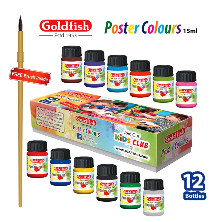Goldfish Poster Colour (Free Paint Brush) 12 different shades 15ml Each ...