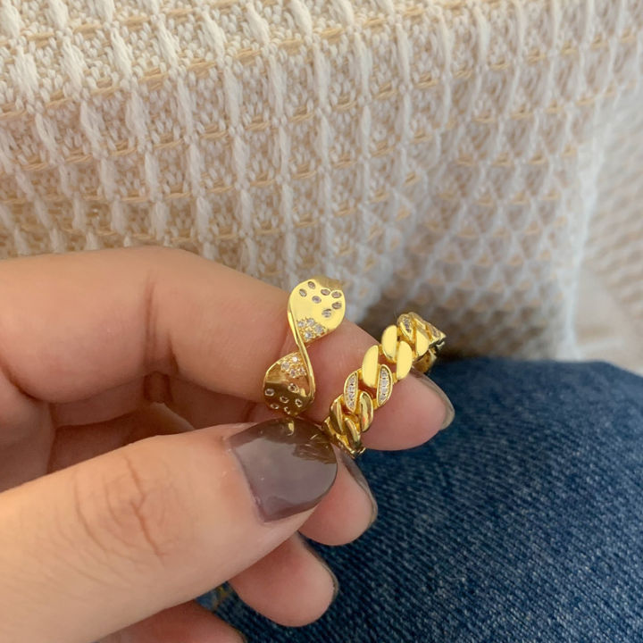 Special-Interest Design Chain Texture Ring Refined and Simple Zircon Twisted Ring Copper Plated ...