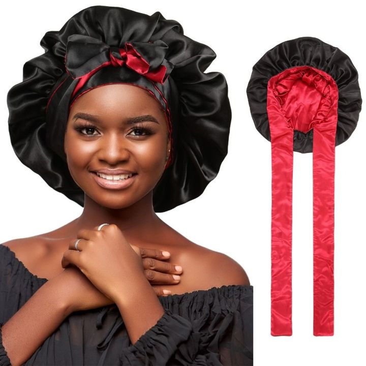 Soft Adjustable Satin Sleep Cap Elastic Double-layer Silky Satin Bonnet ...