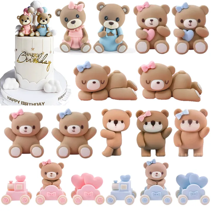 New 3D Pink Blue Bear Cake Topper Cute Mini Bear Doll Cake Decoration ...