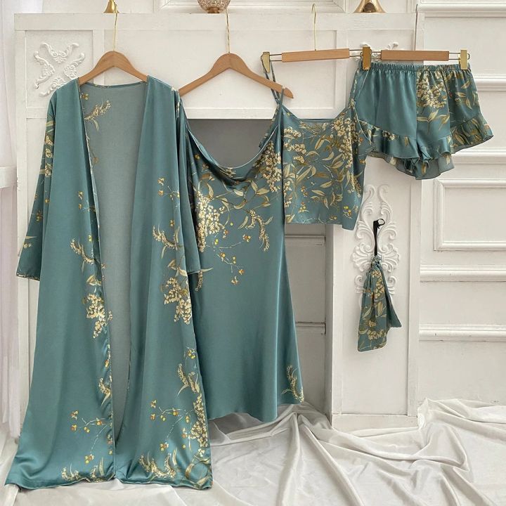 Set Woman 5 Pieces Trip Must Silk Pajamas Women Nightdress Robe ...